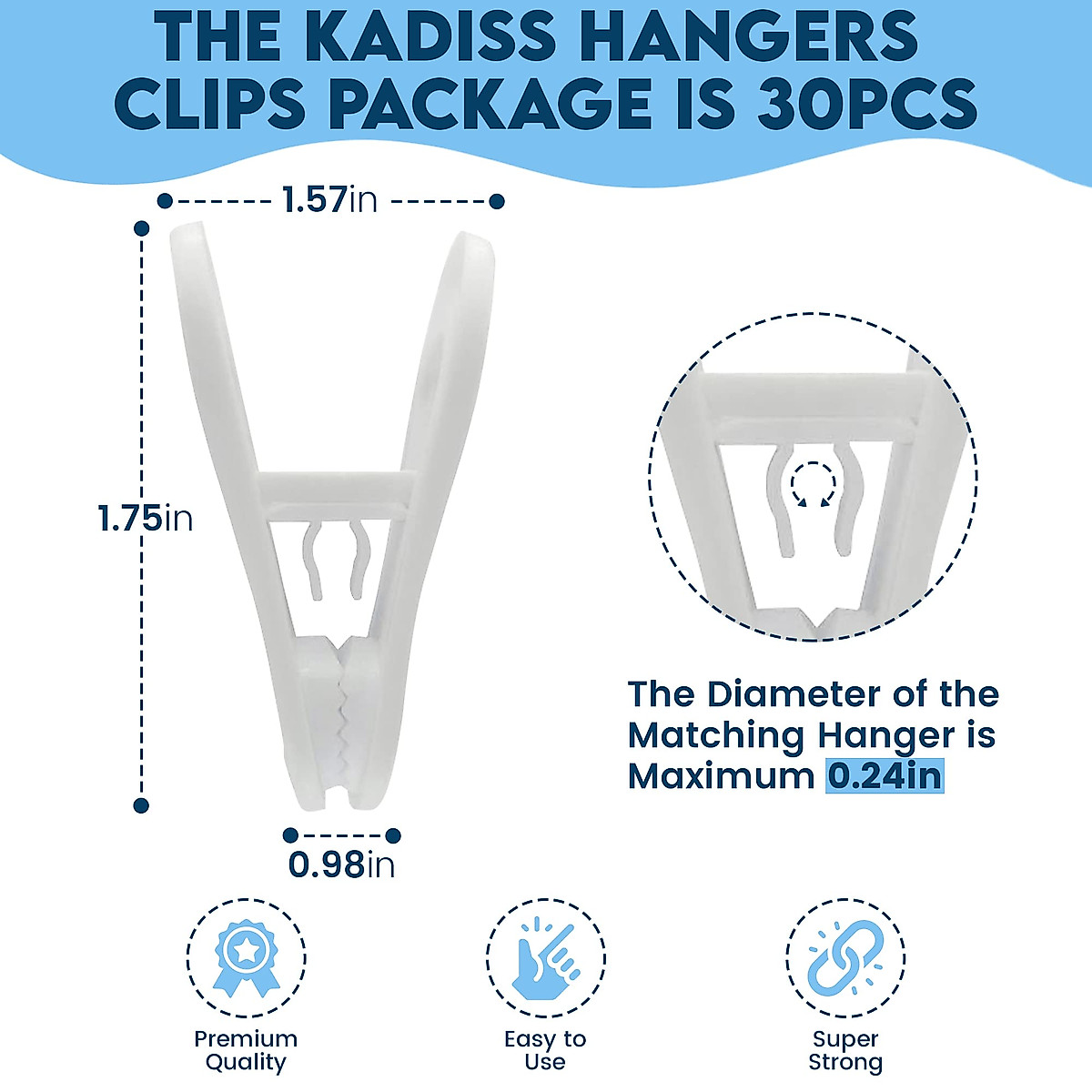 Hanger Clips 30 Pack, Multi-Purpose Hanger Clips for Hangers, White Finger Clips for Plastic Clothes Hangers, Pants Hangers Clips