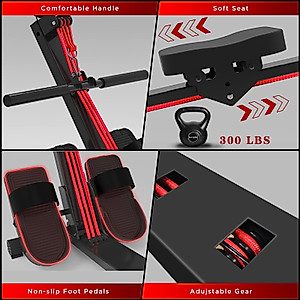 Rowing Machine Foldable, Fitness Rower Machines Cardio Training Adjustable Elastic Portable Compact Rower for Home Use Strength Equipment LCD Display Loading 300 LBS (Black-Red)