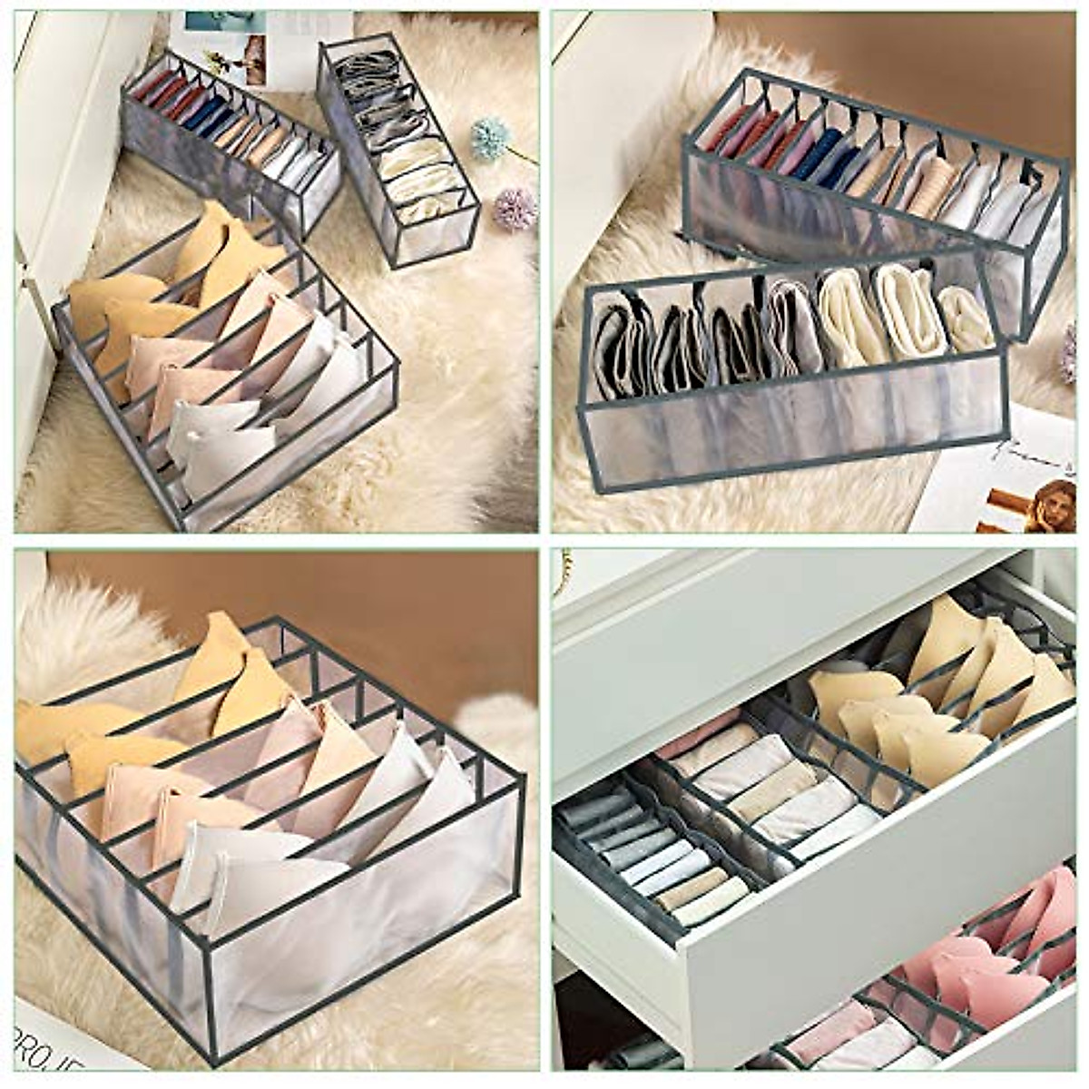 ABC life 3Pcs Underwear Drawer Organizer Set, Foldable Sock Bra Underpants Organizer Drawer Divider, Washable Closet Cabinet Storage Boxes for Clothes, Stockings, Ties and Bras (6+7+11 Grid, Grey)