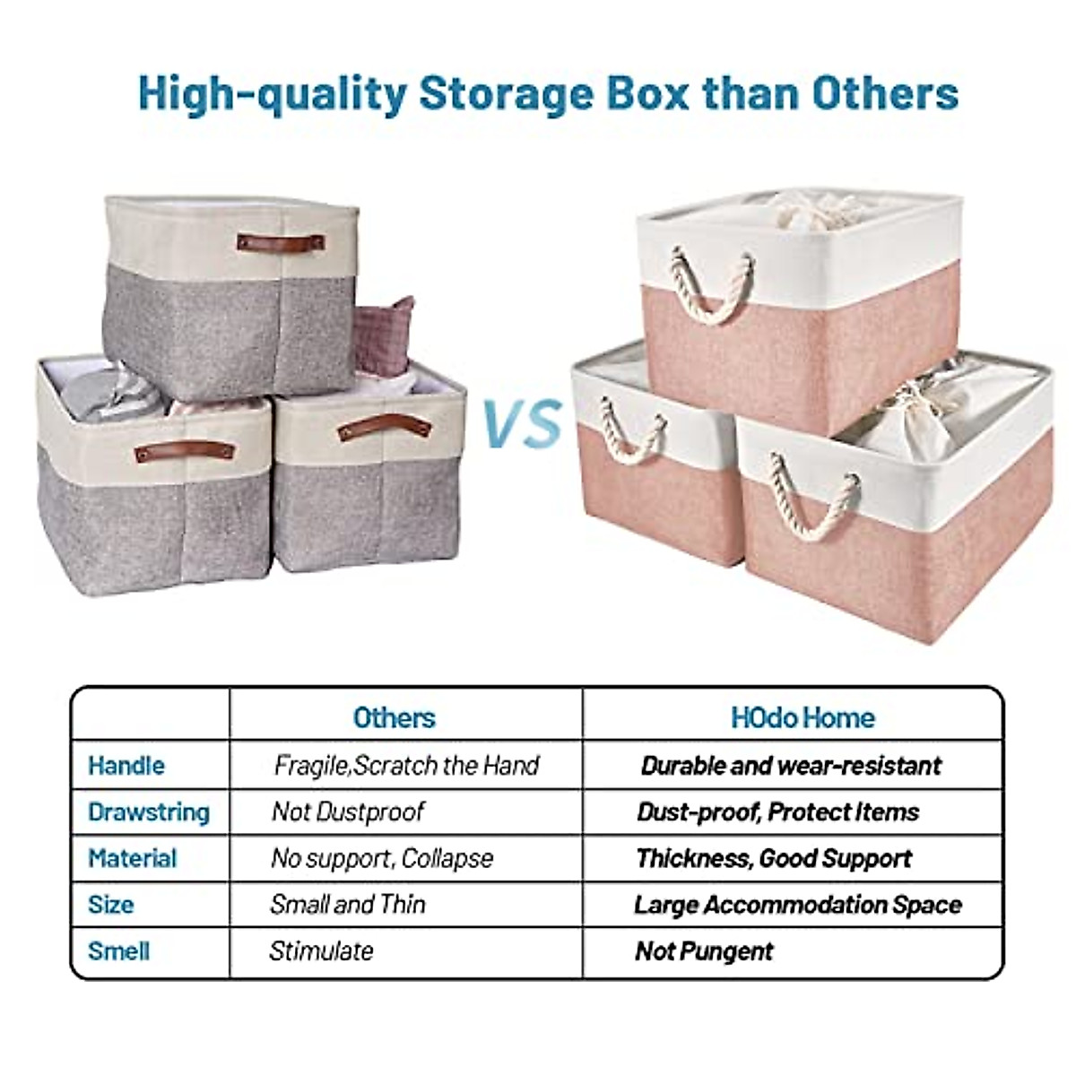HOdo Home Fabric Storage Bin with Drawstring Closure and 2 Bold Handles, Collapsible Large Canvas Storage Baskets for Organizing Shelf Nursery Home Closet (White&Pink, 15.8L×11.8W×9.5H - 3Pack)