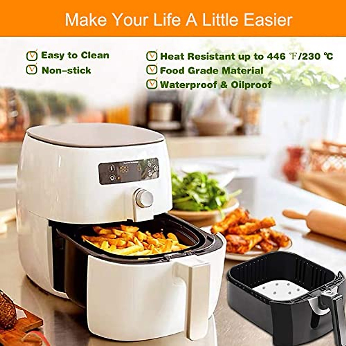 Air Fryer Parchment Paper, Set of 200, 8.5 inch Unbleached Square Air Fryer Liners/Air Fryer Sheets/Perforated Parchment for Air Fryer, Steaming Basket and More(7.5/8.5/9.5in Available)