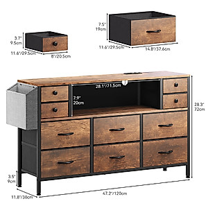 YITAHOME TV Stand with Charging Station, Dresser TV Stand for 55'' TV, 10 Drawer Dresser for Bedroom, Media TV Console Table with Side Pockets & Hooks, Storage Fabric Drawer Unit for Bedroom, Wood