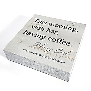 Funny Coffee Wooden Box Sign Desk Decor This morning with Her Having Coffee Wood Block Plaque Rustic Box Sign for Home Kitchen Shelf Table Decoration (5 X 5 Inch)