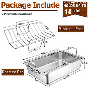 Joyfair 14-inch Roasting Pan with Rack, Stainless Steel Turkey Roaster Baking Pan & V-Shaped Rack for Chicken Meat Vegetable, Rectangular Lasgana Pan with Riveted Handle, Heavy Duty & Dishwasher Safe