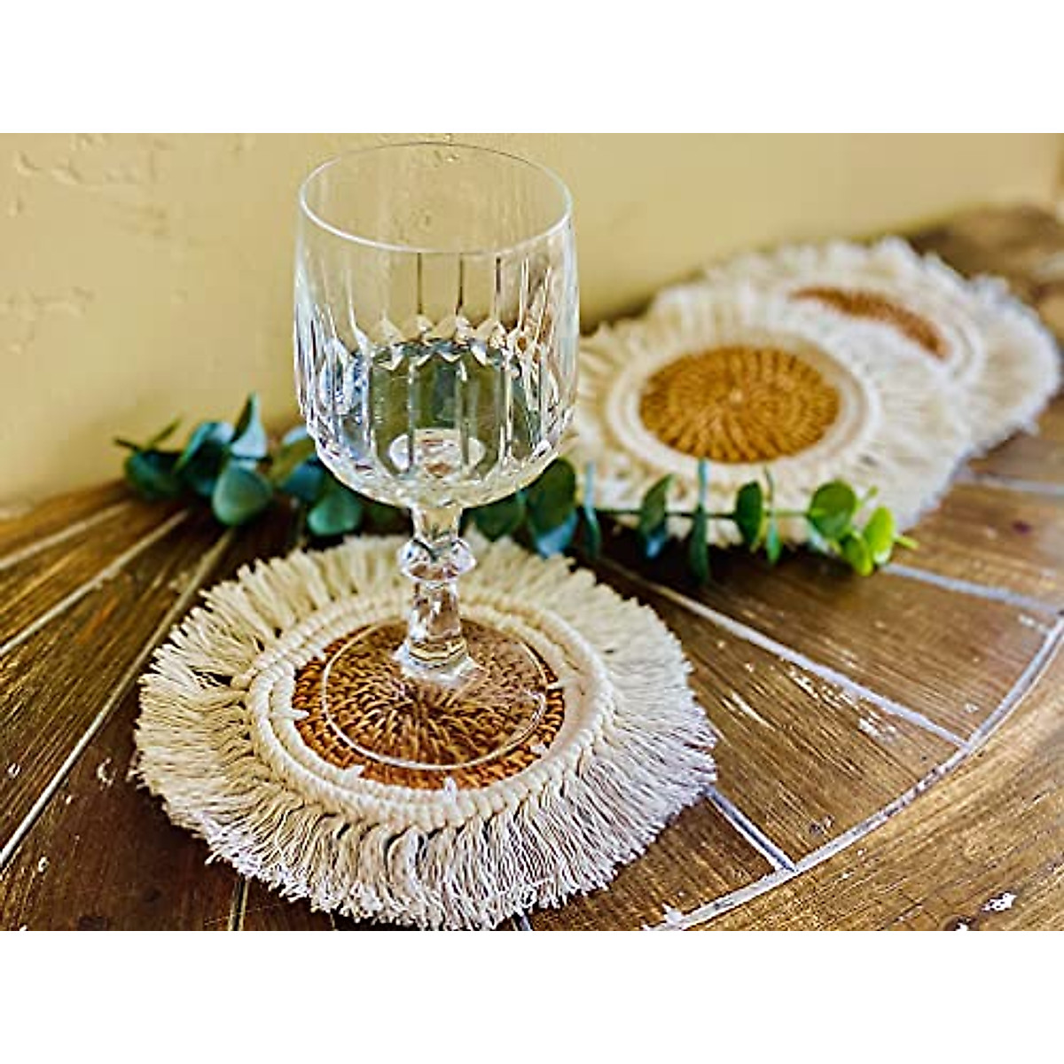 ConspiringUniverse Rattan Macrame Boho Coasters | Bohemian Set of 4 Table Decor Cute Coaster Woven with Flat Absorbent Center for Desk, White, Tan