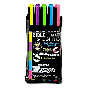 G.T. Luscombe Company, Inc. Zebrite Double Ended Bible Highlighter Set | No Bleed Pigmented Ink | No Fading or Smearing | Double Ended for Highlighting & Underlining | Fluorescent Multicolor (Set of 5)