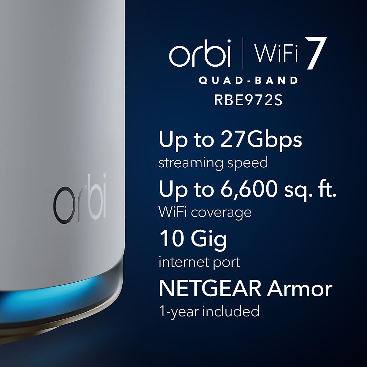 NETGEAR Orbi 970 Series Quad-Band WiFi 7 Mesh Network System (RBE972S), Router + 1 Satellite Extender, Covers Up to 6,600 sq. ft., 200 Devices, 10 Gig Internet Port, BE27000 802.11be (Up to 27Gbps)