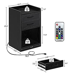 Rolanstar Nightstand -Tool Free Quick Install, End Table with Charging Station and LED Lights, Modern Bed Side Table with 2 Drawers, for Bedroom, Black