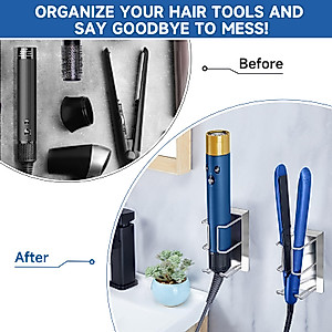 Hair Dryer Holder, XILIMEN Wall Mounted No Drilling Required Straightener Holder, Stainless Steel Curling Iron Holder for Bathroom Bedrooms（Silver）