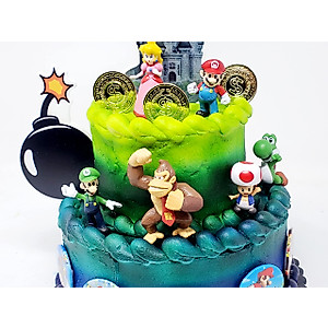 Mario Brothers 23 Piece Birthday Cake Topper Set Featuring Mario Castle, Bomb, Mario Coins, 6 Mario Figures Including Mario, Luigi, Princess Peach, Toad, Yoshi, Donkey Kong, and 12 Mario 1"