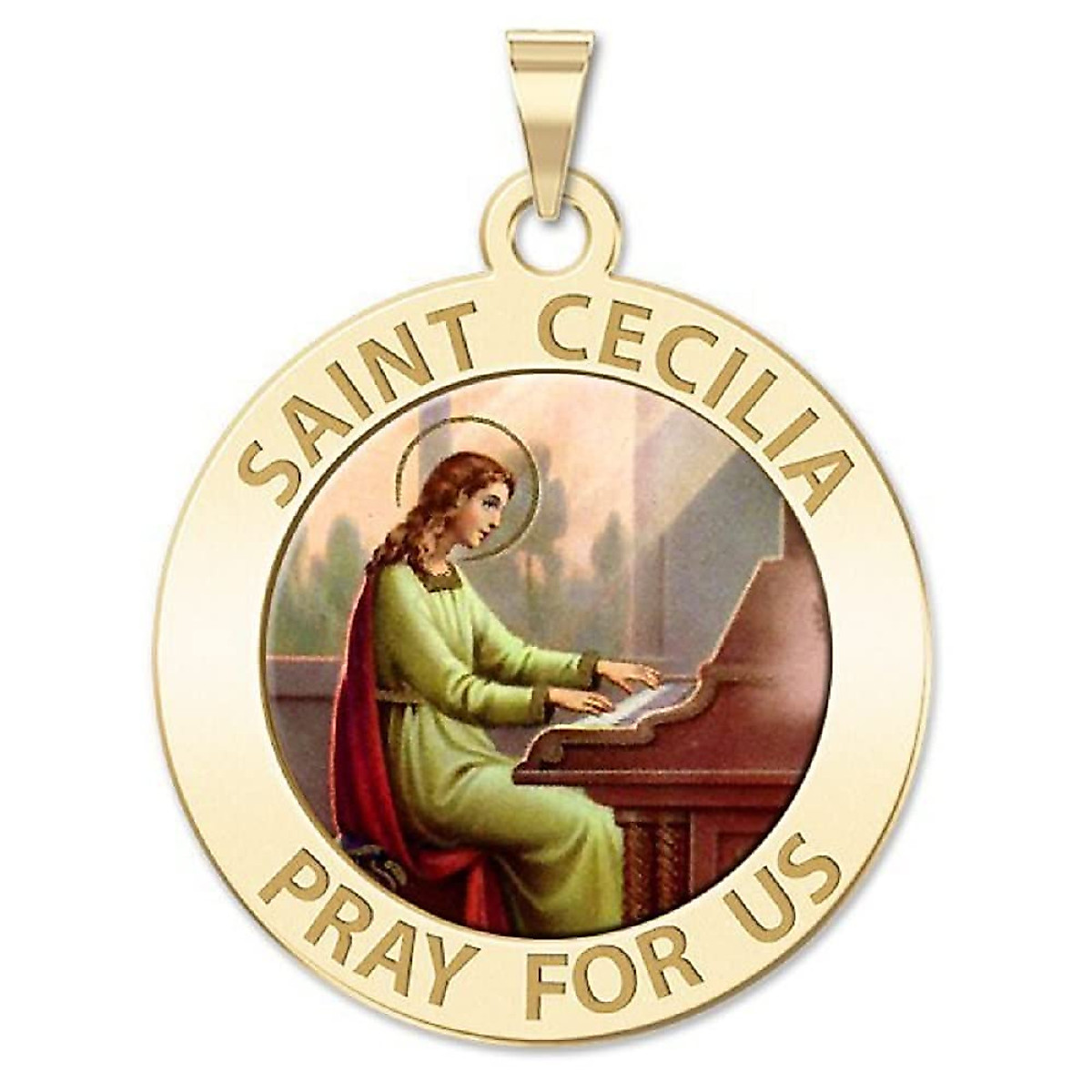 PicturesOnGold.com Saint Cecilia Round Religious Medal - 14k Yellow Gold - 2/3 x 2/3 Inch Size of Dime