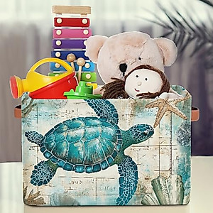 Sea Turtle Retro Map Storage Basket Bin Nautical Ocean Starfish Large Fabric Toys Storage Cube Box with Handles Collapsible Closet Shelf Cloth Organizer Basket for Nursery Bedroom Gift