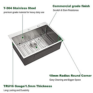 33 Kitchen Sink Drop In - Sarlai 33 x 22 Inch Kitchen Sink Topmount 16 Gauge Stainless Steel Deep Single Bowl Above Counter Kitchen Sinks Basin