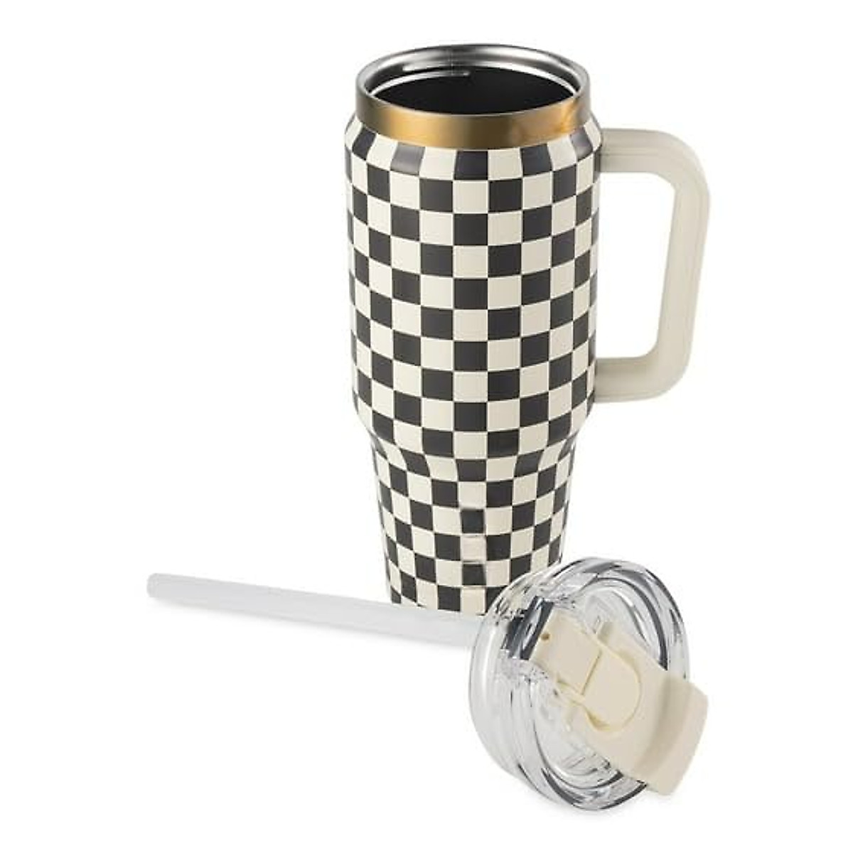 Thymes & Tables Tumbler with Handle, Dual Straw Lid, Stainless Steel Double Wall Insulated, Cream & Black, 32oz