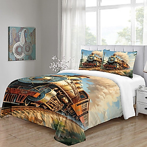 EVMILA Steam Train Comforter Covers for Boys Girls 3D Print Steampunk Duvet Cover Quilt Cover with Pillow Cases with Zipper Closure Bedding Set Soft Microfiber 3 Pieces Twin（173x218cm）