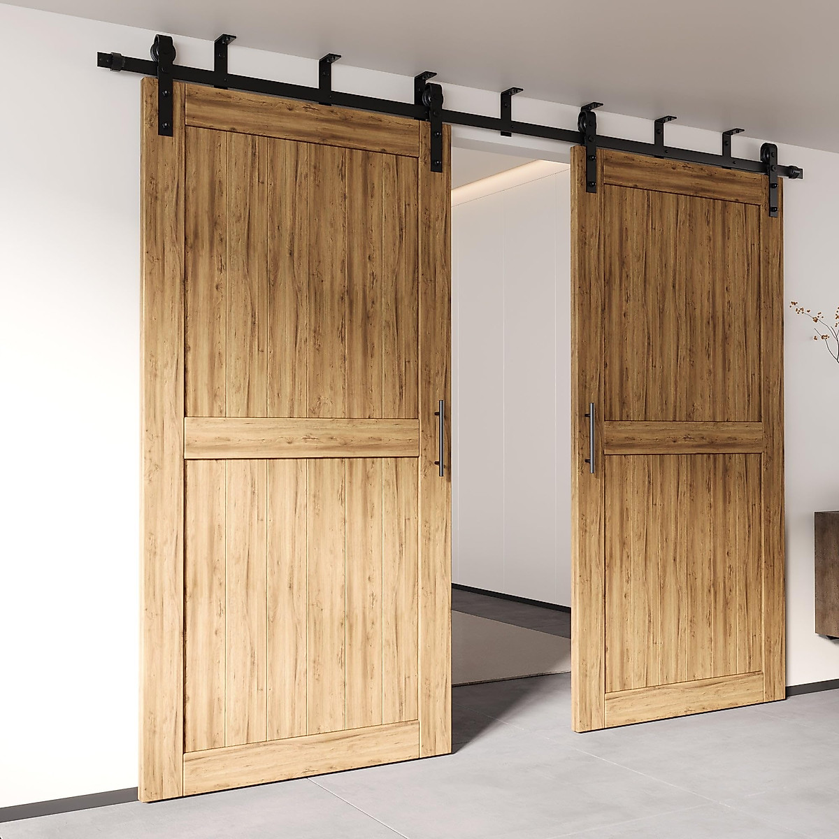 Homacer Black Rustic Ceiling Mount Non-Bypass Sliding Barn Door Hardware Kit, for Two/Double Doors, 8ft Long Flat Track, Interior Use Only (Doors are not Included)