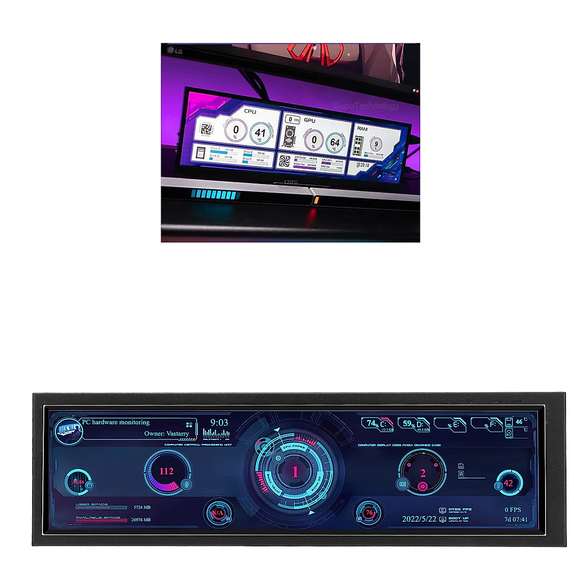 Bewinner 8.8 Inch AIDA64 PC CPU RAM HDD Data Monitor, 8.8 Inch CPU Hardware Temperature Monitor 1920x480 LCD Screen for PC ARGB Computer case Secondary Screen