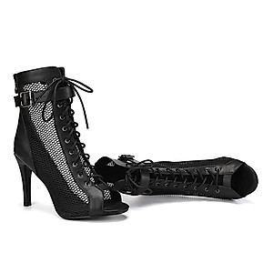 TINRYMX Women Open Toe Dance Ankle Boots Dance Heels Lace-up Latin Salsa Bachata Ballroom Dance Shoes, DSK92-PM-Black-9.5, 11(M) US