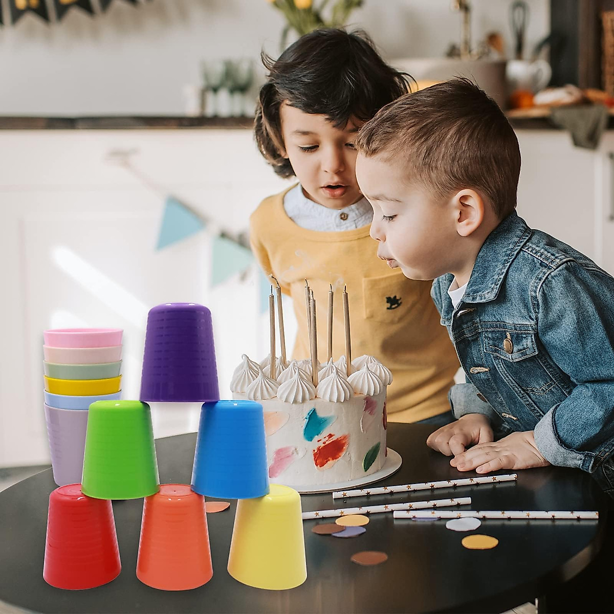 Muulaii Set of 12 Kids Plastic Cups- 8 oz Children Drinking Cups Reusable Unbreakable Plastic Stackable Water Tumblers for Kids & Toddlers Bright Colored- Dishwasher and Microwave Safe