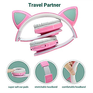 Girls Wireless Headphones, LED Flashing Lights, Music Sharing Function, Stereo Sound, SD Card Slot and Build-in Mic Wireless/Wired Children Bluetooth Headphones for Girls (Pink)