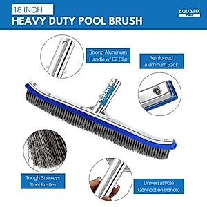 Aquatix Pro Pool Brush, 18" Heavy Duty Aluminium Back, Curved Ends for Corners, Scrub Brush w/ Stainless Steel Bristles & EZ Clip, Swimming Pool Brushes for Cleaning Pool Walls, Tiles, Floors & Steps