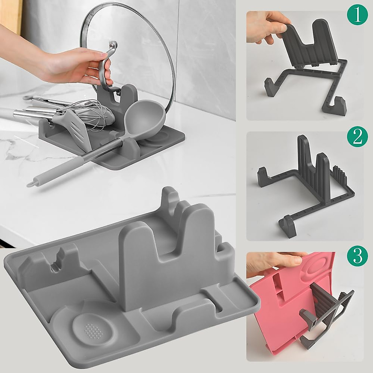Cozihom Silicone Spoon Rest and Pot Lid Holder Stand for Kitchen Counter Top, Ladle/Spatula/Spoon/Tongs Holder, Food Grade Silicone, Heat Resistant, Anti-slip BPA-Free, Grey
