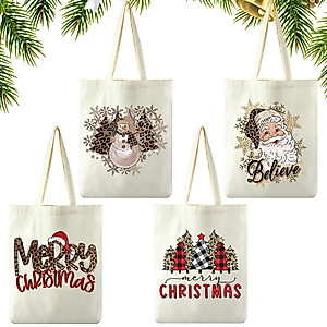 Abbylike 4 Pcs Christmas Canvas Tote Bag Reusable Grocery Shopping Bags with Interior Pocket Cute Casual Reusable Shoulder Bag for Supermarket Shopping Party Xmas Gifts Favor Supplies Women Presents