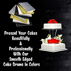 [ 16 Pack ] Square Cake Drums in 2 Sizes and 4 Colors - Black, Gold, Silver & White. 10 Inch and 12 Inch - 1/2 Inch Thick with Smooth Edge. Use as Cake Base, Cake boards and its Reusable