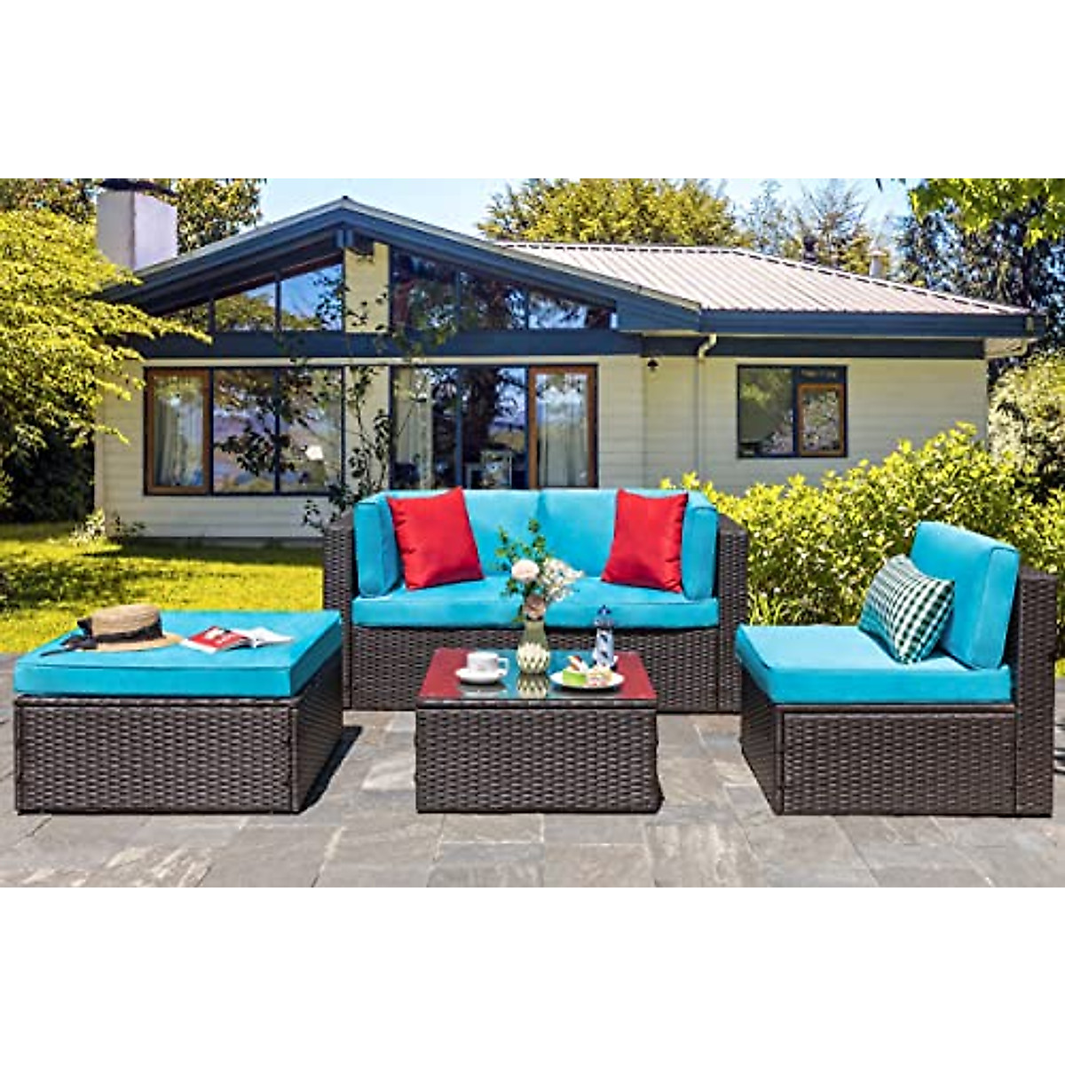 Vongrasig 5 Piece Patio Furniture Sets, All-Weather Brown PE Wicker Outdoor Couch Sectional Patio Set, Small Patio Conversation Set Garden Patio Sofa Set w/Ottoman, Glass Table, Blue