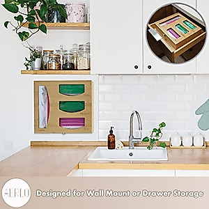 AERLO Bamboo Bag Storage Organizer and Dispenser - Large Size for USA Quart, Gallon, Sandwich and Snack Bags - Kitchen Drawer or Pantry Wooden Baggie Container - No Assembly Required (Natural Bamboo)