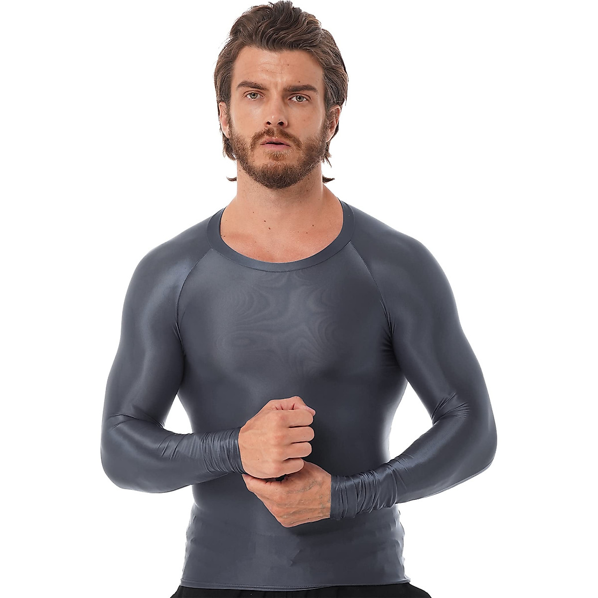 Daenrui Men's Long Sleeve Compression Shirts Sport Athletic Workout Cool Dry Baselayer Running T-Shirt Grey Medium