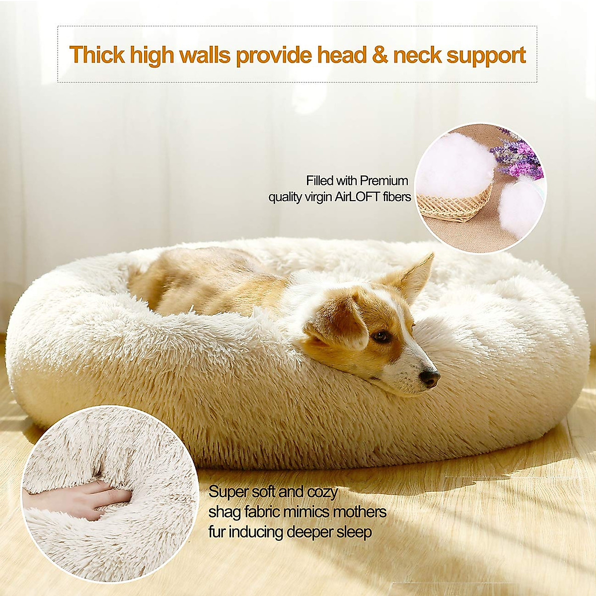 JMHUND Donut Dog Beds for Medium Dogs,Washable Large Dog Bed Calming Cuddler,Fluffy Round Pet Bed,Faux Fur Small Cat Bed.