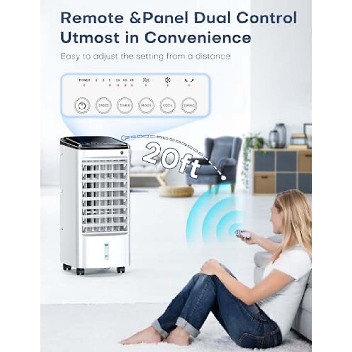 3-IN-1 TEMEIKE Swamp Cooler Air Conditioner, Evaporative Air Cooler w/ 4 Modes & 3 Speeds, 12H Timer & Remote & Dual Water Tank, 65° Oscillating Air Conditioner Portable for Bedroom