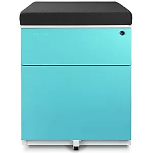 Aurora Mobile File Cabinet 2-Drawer Metal with Comfort Seat Cushion, Lock Key Sliding Drawer, Fully Assembled, Ready to Use, White/Aqua Blue