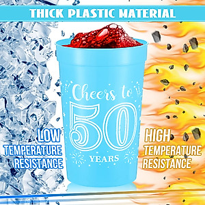 Roshtia 40 Pcs Summer 50th Birthday Cups Cheers to 50 Years Plastic Stadium Cups 16 oz Blue White Party Cups for Birthday Decorations Party Favors Supplies Wedding Anniversary