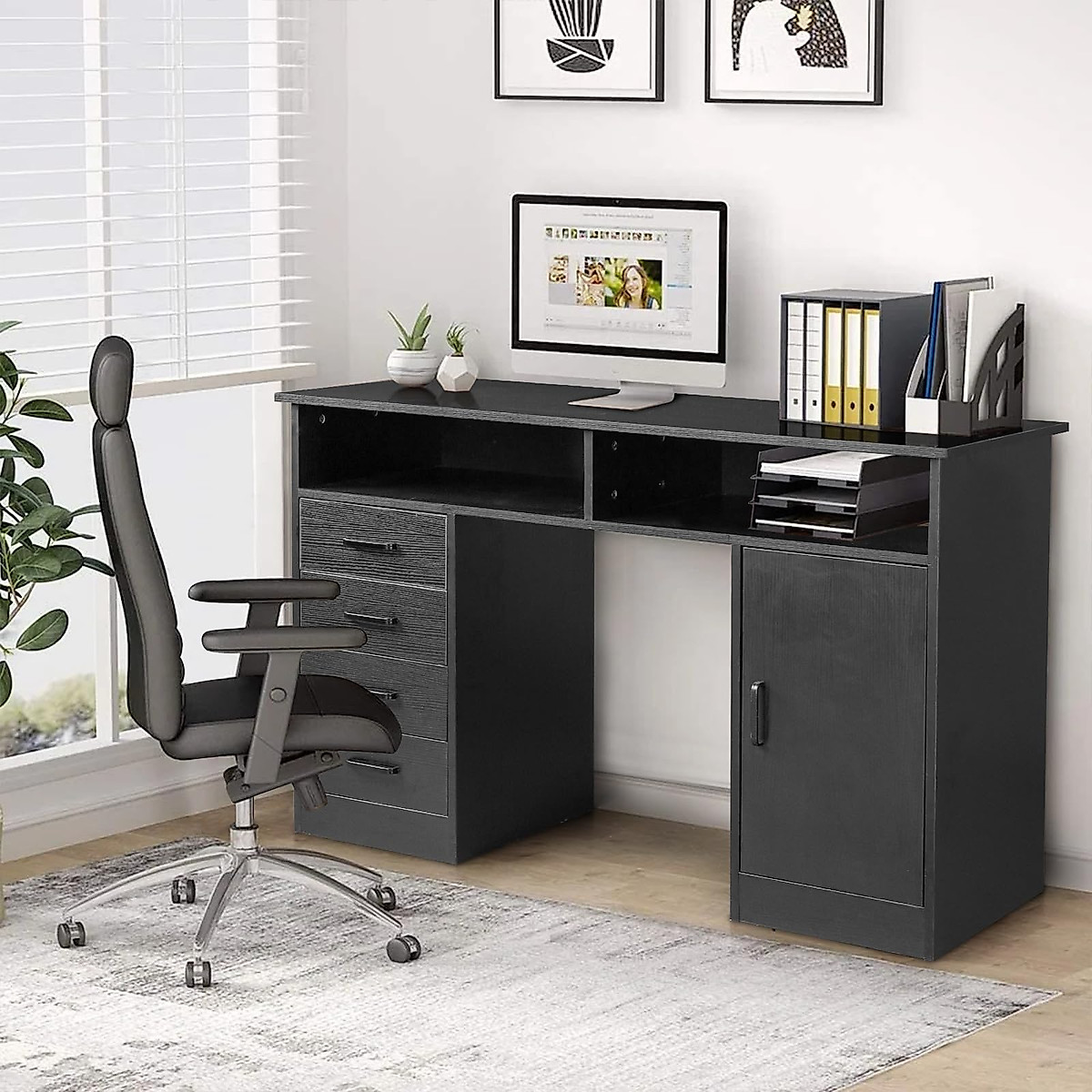 Karl home MDF Computer Desk with 4 Drawers and A Storage Cabinet, Home Office Desk Writing Desk with 2 Storage Compartments, Office Table for Bedroom Small Spaces, Black