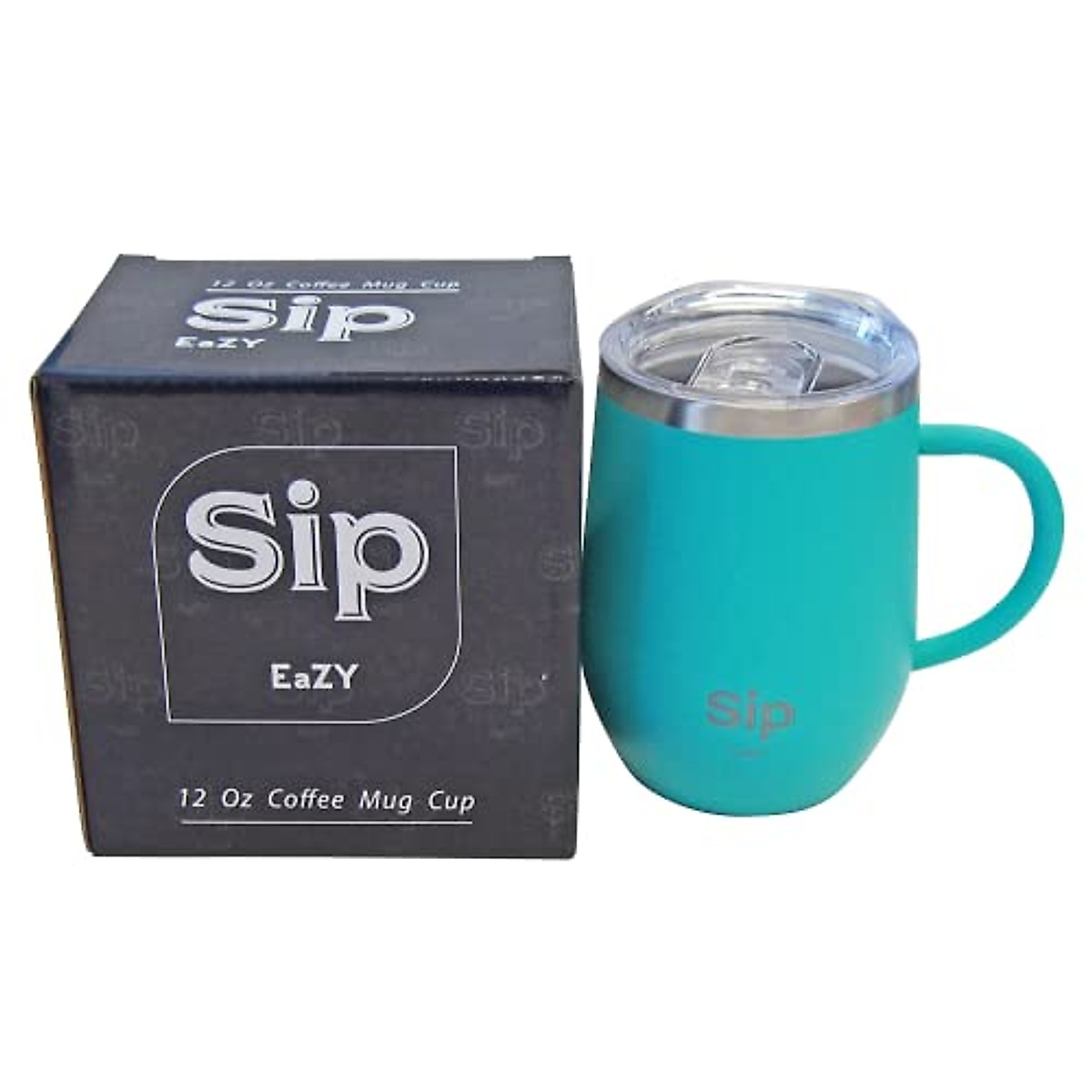 Sip Eazy TURQUOISE Double Walled St/Steel Insulated MUG/CUP with HANDLE & LID 12oz- Keeps Drinks Hot or Cold for many hours - COFFEE, TEA, WATER, WINE - Arrives Boxed for easy Gifting!