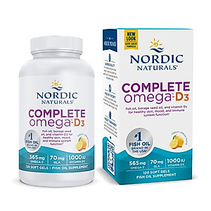 Nordic Naturals Complete Omega-D3, Lemon Flavor - 120 Soft Gels - 565 mg Omega-3 + 70 mg GLA + 1000 IU Vitamin D3 - EPA & DHA - Healthy Skin & Joints, Cognition, Positive Mood - Non-GMO - 60 Servings