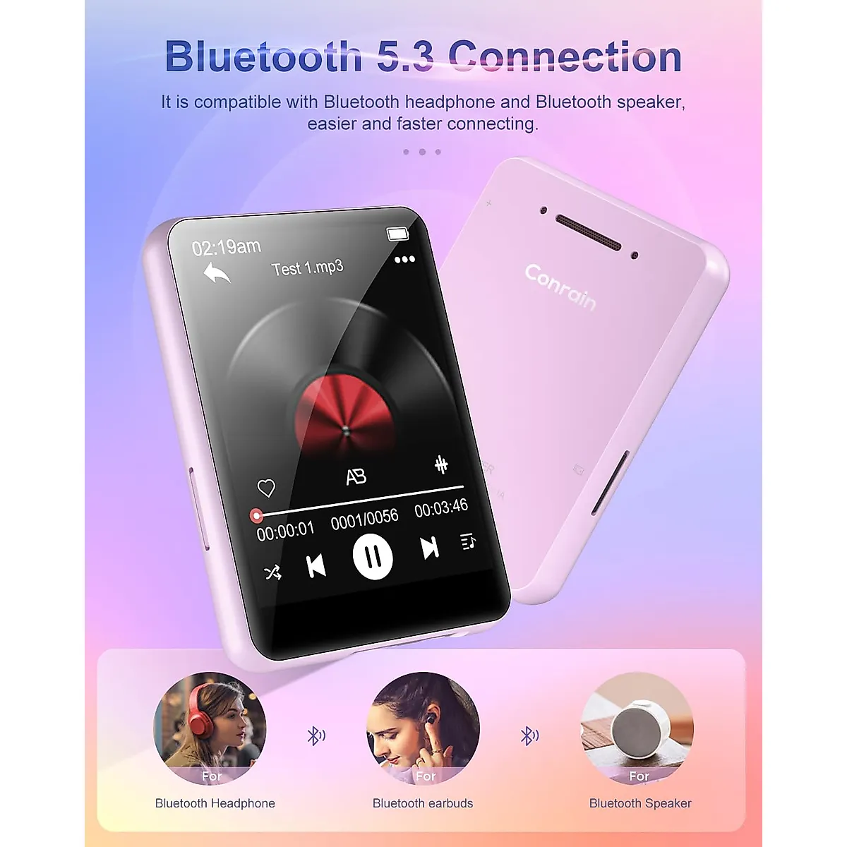 64GB MP3 Player with Bluetooth 5.3, Portable Digital Lossless Music Player with Built-in Speaker, 2.4 in Full Touch Screen, FM Radio, Line-in Voice Recorder, Earphones Included, Support up to 128GB