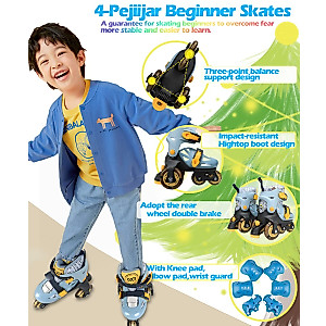 Kids Quad Roller Skate,Roller Skates for Girls Boys,with Adjustable Size&Double Brakes&Luminous Wheels&Protective Gear,3-Point Balance Roller Shoes for Beginners,for Indoor Outdoor