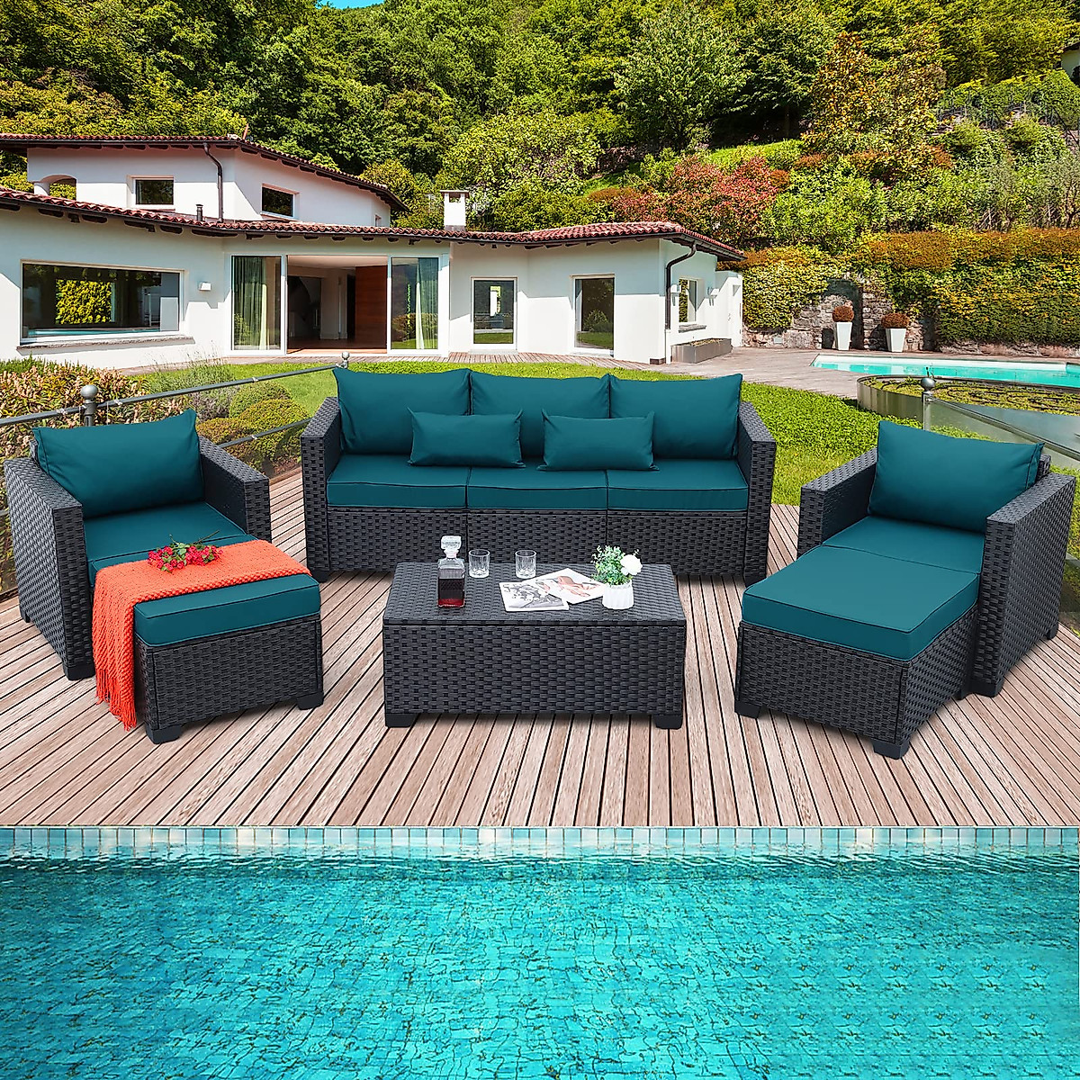 Rattaner Patio Furniture Set 6 Pieces Couch Outdoor Chairs Coffee Table Peacock Blue Anti-Slip Cushions and Waterproof Covers