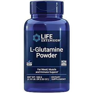 Life Extension L-Glutamine Powder, amino acid, supports muscle health and immune health, gluten-free, non-GMO, vegetarian, 100 grams