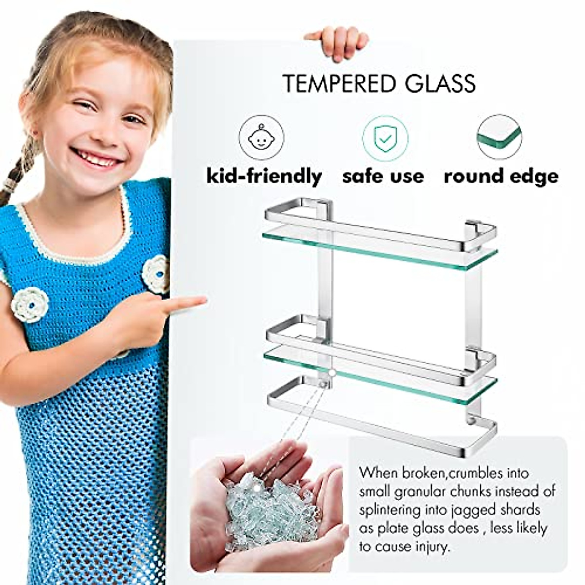 KES Bathroom Tempered Glass Shelf 2 Tier Storage Glass Shelf Rectangular with Bar Wall Mounted Sand Sprayed Anodized Aluminum Finish, A4127B