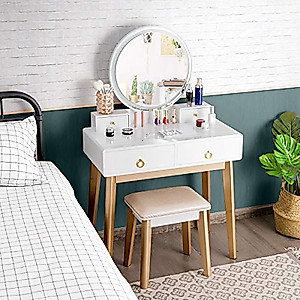 CHARMAID Vanity Set with Touch Screen Dimming Mirror, 3 Color Lighting Modes, Dressing Table with 4 Sliding Drawers, Modern Bedroom Makeup Table and Cushioned Stool Set for Women Girls (White)