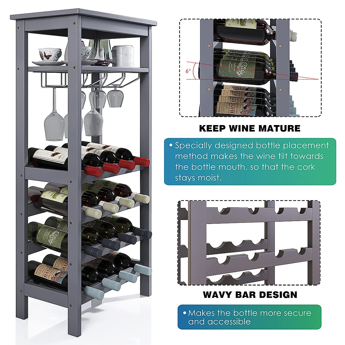 SMIBUY Wine Rack with Glass Holder & Table Top, 16 Bottles Storage, Floor Free Standing Bamboo Display Shelves for Home, Kitchen, Pantry, Cellar, Bar (Grey)