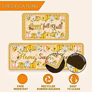 Fall Kitchen Mats, Happy Fall Yall Kitchen Rugs for floor Set of 2, Pumpkins Kitchen Rugs and Mats Non Slip, Autumn Leaves Sunflower Home Sweet Home Decor Gifts for Office Laundry, 17x29+17x47 Inch