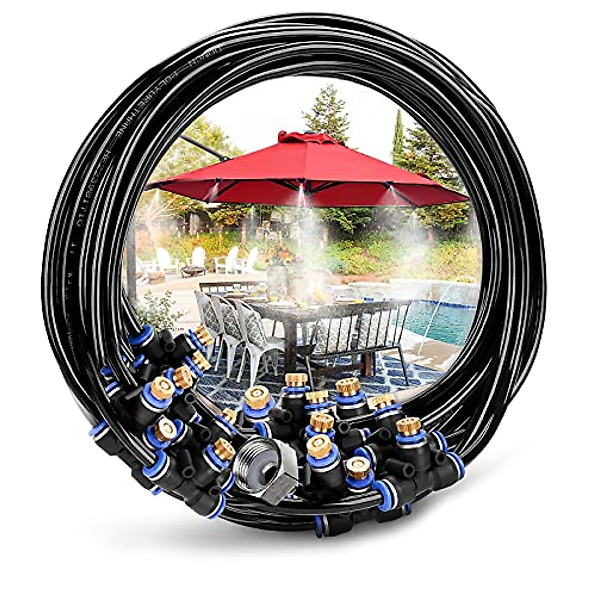 AOZBZ Misting Cooling System, 16.4FT (5M) Misting Line+5 Mist Nozzles & Brass Adapter Outdoor Misting System for Garden Patio Trampoline Greenhouse Umbrella