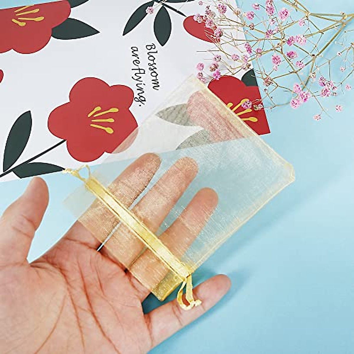 HRX Package 100pcs Little Gold Organza Bags 3 x 4 inch, Mesh Jewelry Pouches Drawstring Empty Sachets for Bracelets Candy Small Gift
