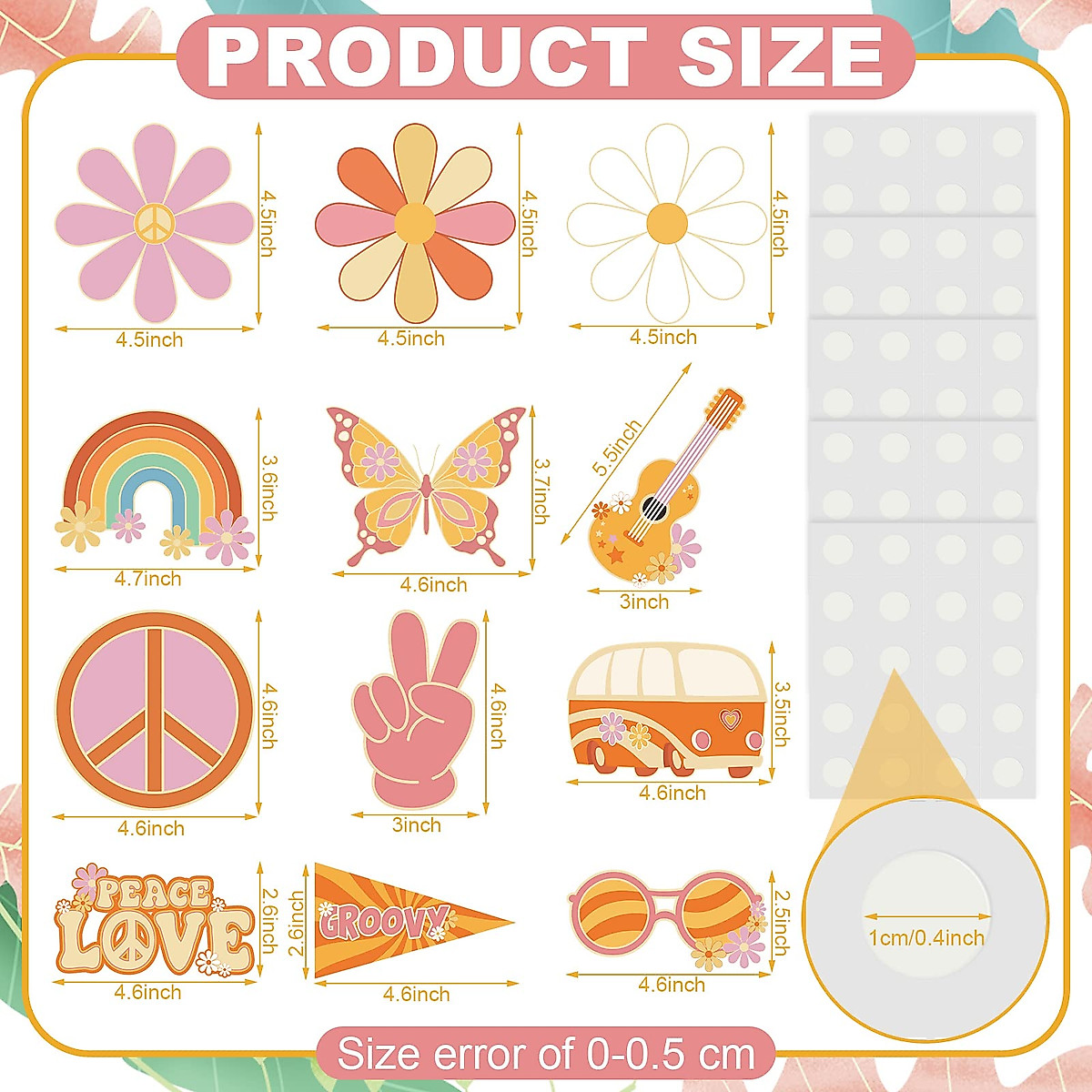 Colarr 60 Pieces Groovy Retro Hippie Boho Party Cutouts Decoration Retro Rainbow Butterfly Daisy Flower Cutouts Retro Bus Cutouts for Groovy Retro Hippie 60s 70s Party Decorations