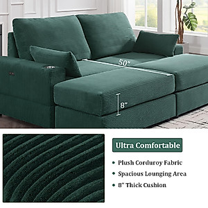 KIVENJAJA 82.7” Corduroy Sectional Couch, Double Chaise Lounge Sofa, Deep Seat Oversized Loveseat with Ottomans, Cup Holder & USB Port for Living Room Apartment Small Space, Green